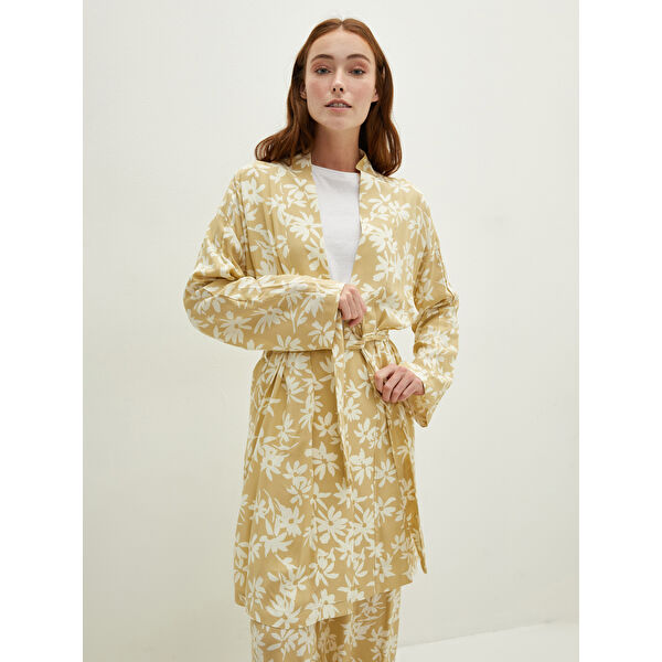 MODEST Şal Yaka Desenli Uzun Kollu Oversize Viskon Kadın Kimono