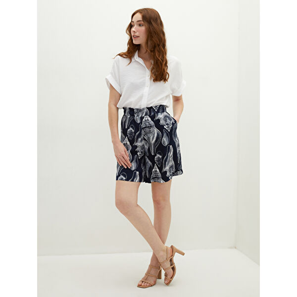 Beli Lastikli Desenli Cep Detaylı Viskon Kadın Şort