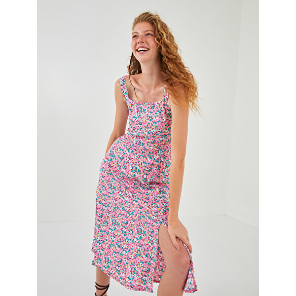 XSIDE Kare Yaka Askılı Çiçekli Viskon Kadın Elbise