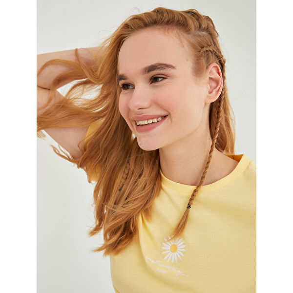 XSIDE Bisiklet Yaka Nakışlı Kısa Kollu Pamuklu Kadın Tişört