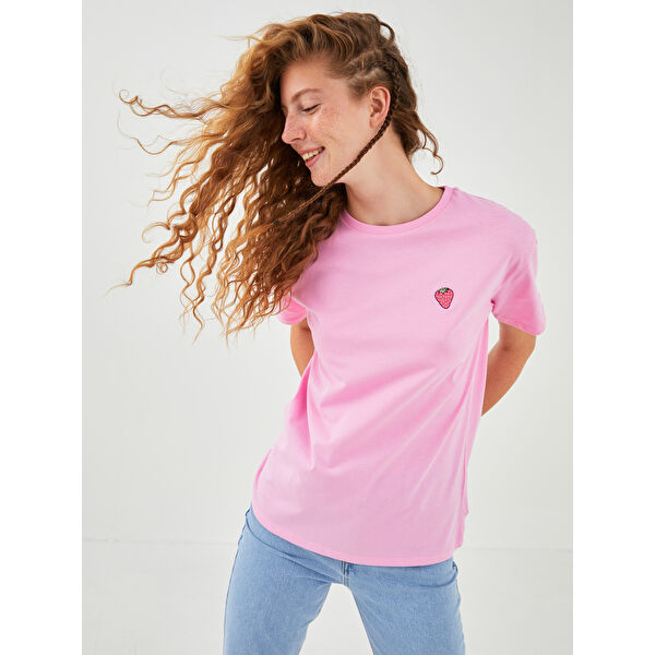 XSIDE Bisiklet Yaka Nakışlı Kısa Kollu Pamuklu Kadın Tişört