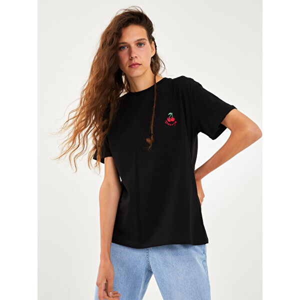 XSIDE Bisiklet Yaka Nakışlı Kısa Kollu Pamuklu Kadın Tişört