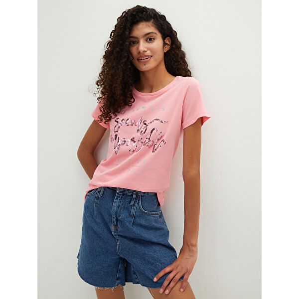 LCW CASUAL Bisiklet Yaka Pul Payet İşlemeli Kısa Kollu Pamuklu Kadın Tişört