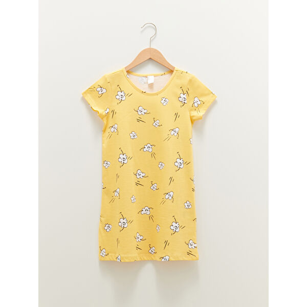 Bisiklet Yaka Kısa Kollu Baskılı Pamuklu Kız Çocuk Gecelik