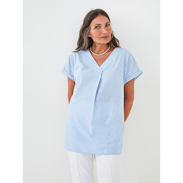 LCW GRACE V Yaka Düz Kısa Kollu Pamuklu Kadın Bluz