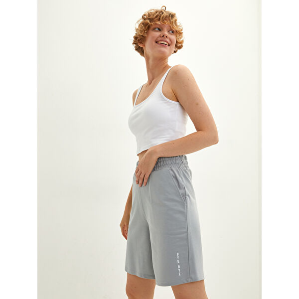 Beli Lastikli Baskılı Cep Detaylı Pamuklu Kadın Bermuda Şort