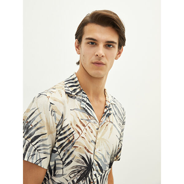 LCW VISION Slim Fit Kısa Kollu Desenli Keten Erkek Gömlek