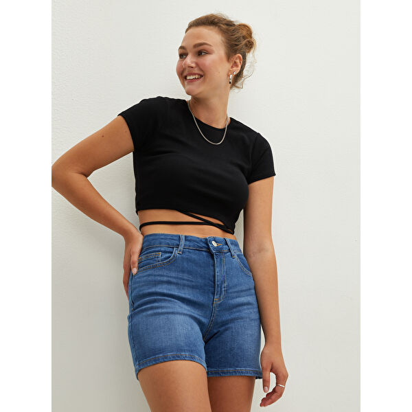 Yüksek Bel Standart Fit Cep Detaylı Kadın Rodeo Jean Şort