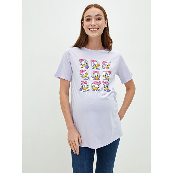 Bisiklet Yaka Daisy Duck Baskılı Kısa Kollu Pamuklu Hamile Tişört