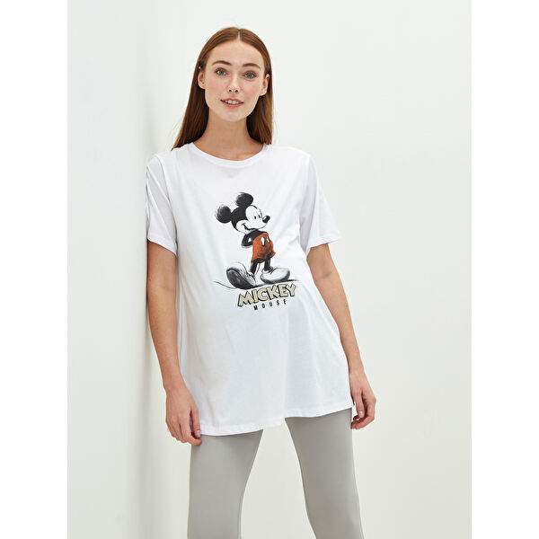 Bisiklet Yaka Mickey Mouse Baskılı Kısa Kollu Pamuklu Hamile Tişört