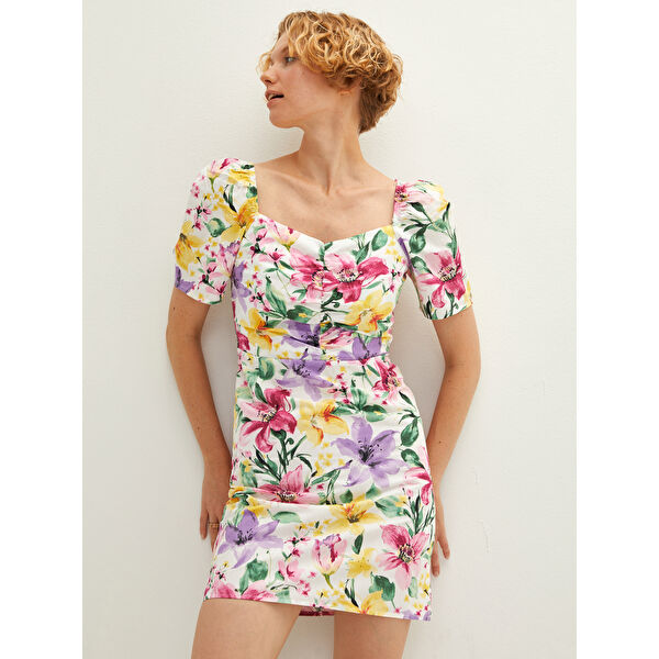 LCW CASUAL Kare Yaka Çiçekli Kısa Kollu Poplin Kadın Elbise