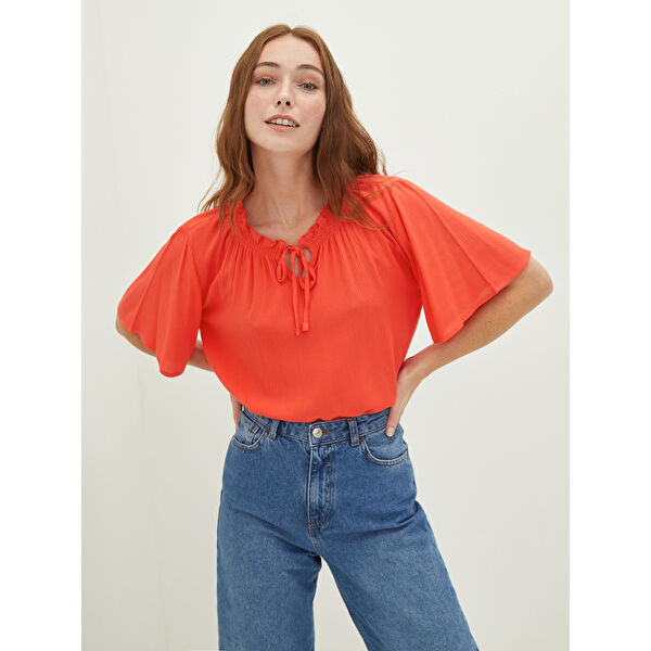 LCW CLASSIC Bağlamalı Yaka Düz Kısa Kollu Viskon Kadın Bluz