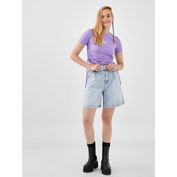 XSIDE Bisiklet Yaka Nakışlı Kısa Kollu Pamuklu Kadın Tişört