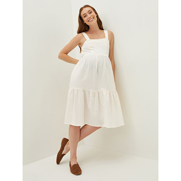 U Yaka Askılı Ekose Poplin Hamile Elbise