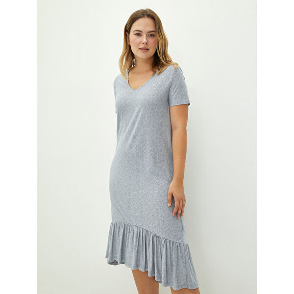 LCW CLASSIC V Yaka Çizgili Kısa Kollu A Kesim Kadın Elbise