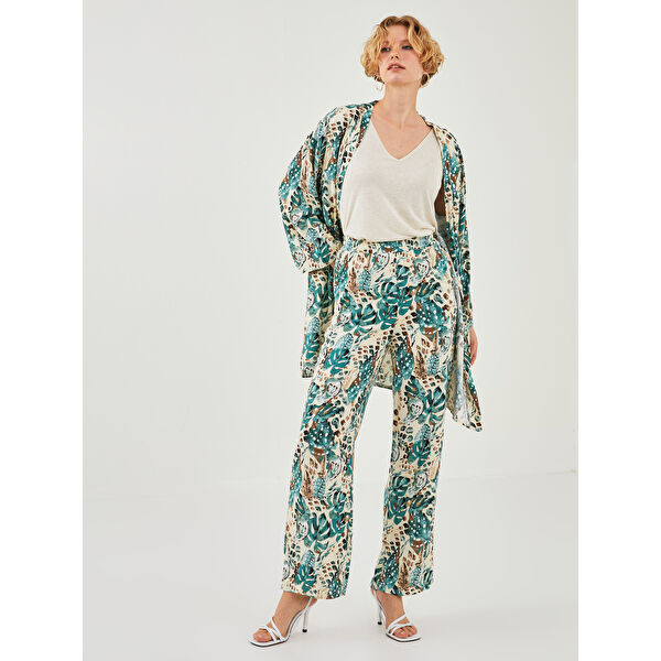 Beli Lastikli Baskılı Viskon Kadın Pantolon