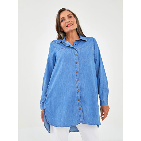 LCW GRACE Gömlek Yaka Cep Detaylı Uzun Kollu Kadın Jean Tunik LCW GRACE Gömlek Yaka Cep Detaylı Uzun Kollu Kadın Jean Tunik