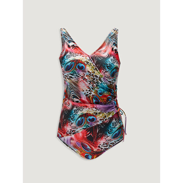 LCW DREAM Büyük Beden V Yaka Desenli Bağlama Detaylı Kadın Mayo