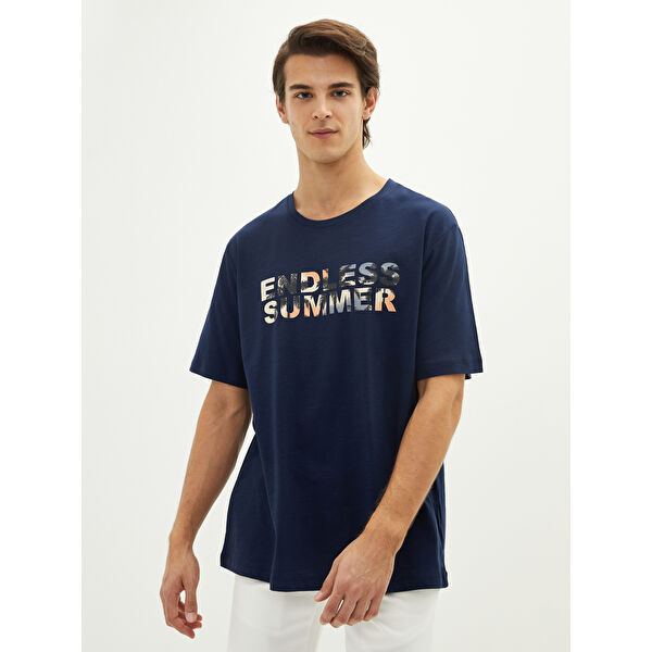 Büyük Beden Bisiklet Yaka Kısa Kollu Baskılı Penye Erkek Tişört