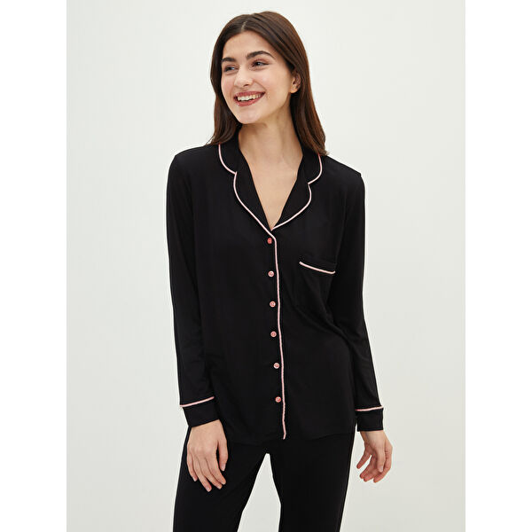 LCW DREAM Gömlek Yaka Düz Uzun Kollu Cep Detaylı Viskon Kadın Pijama Takımı