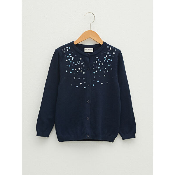 Bisiklet Yaka Pul İşlemeli Uzun Kollu Kız Çocuk İnce Triko Hırka