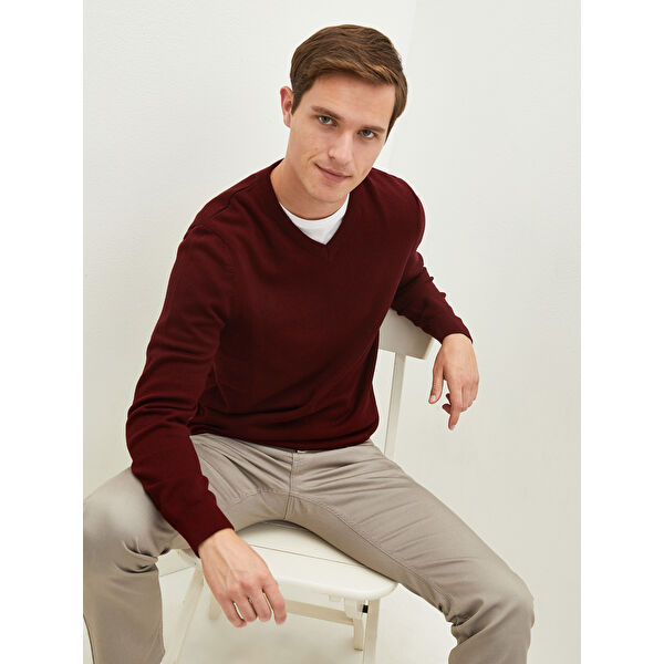 V Yaka Uzun Kollu Basic İnce Erkek Triko Kazak