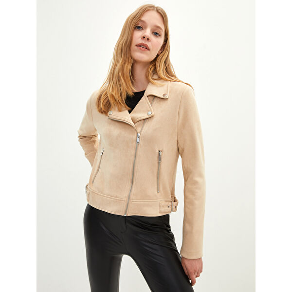 LCW CASUAL Biker Yaka Düz Cep Detaylı Uzun Kollu Süet Kadın Mont