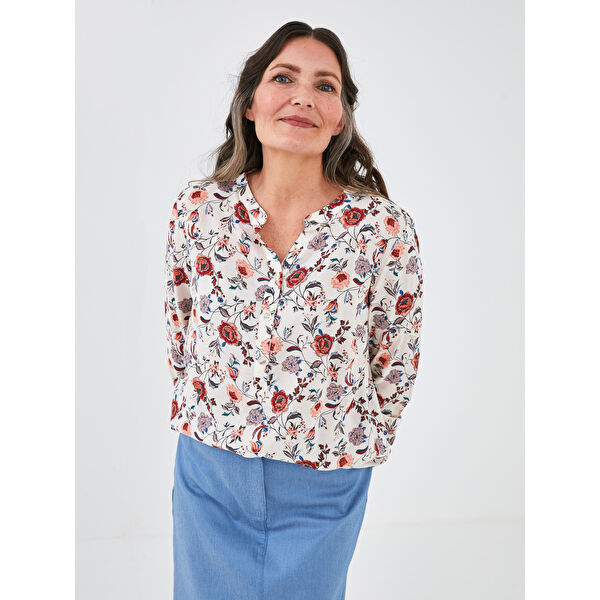 Kaçık Yaka Çiçek Baskılı Uzun Kollu Viskon Kadın Bluz