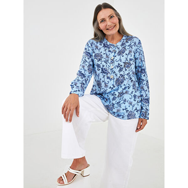 Hakim Yaka Desenli Uzun Kollu Poplin Kadın Bluz