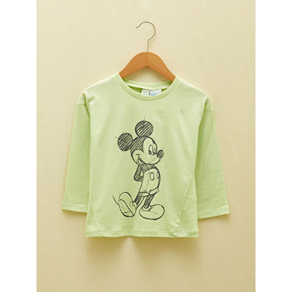 LCW GREEN Bisiklet Yaka Uzun Kol Mickey Mouse Baskılı Organik Pamuklu Erkek Bebek Tişört