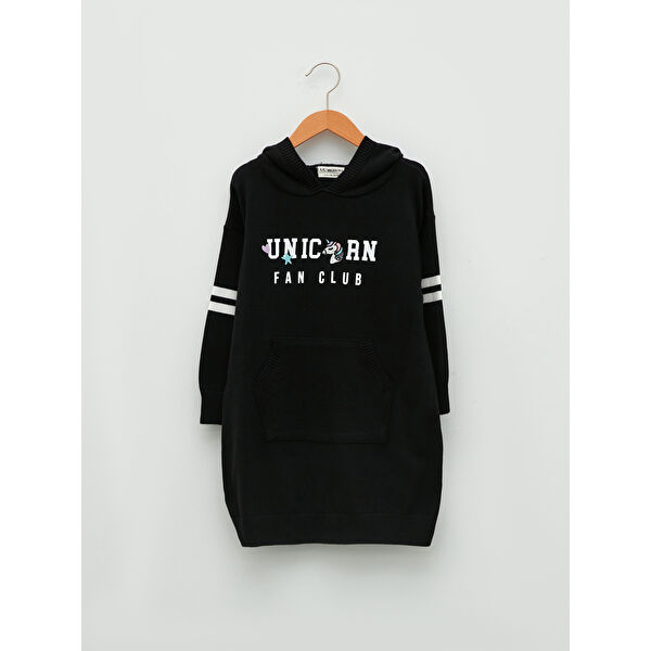 Kapüşonlu Baskılı Uzun Kollu Kız Çocuk Triko Elbise