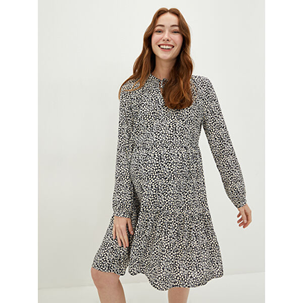 Bağlamalı Hakim Yaka Çiçekli Uzun Kollu Viskon Hamile Elbise