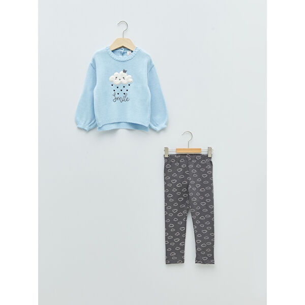 Bisiklet Yaka Uzun Kollu Kız Bebek Triko Kazak ve Tayt 2'li Takım