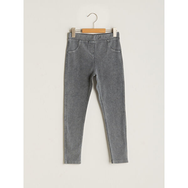 Beli Lastikli Denim Görünümlü Kız Çocuk Uzun Tayt