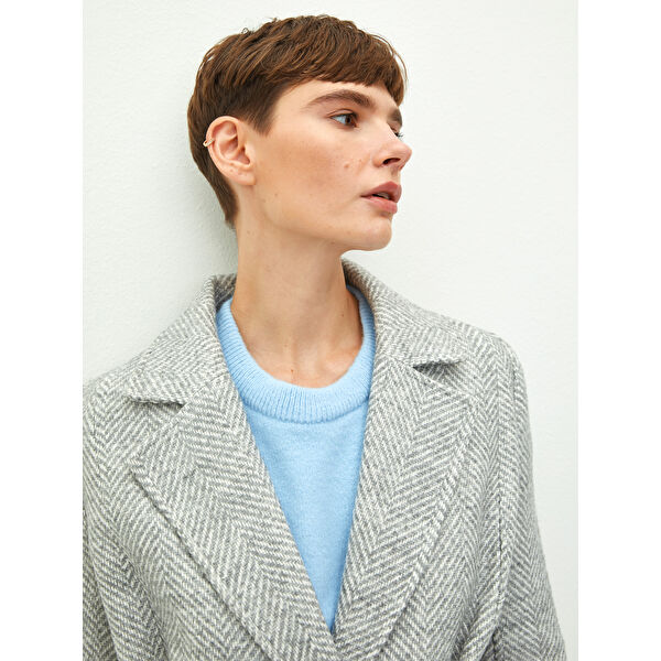 LCW VISION Ceket Yaka Desenli Beli Kuşaklı Uzun Kollu Kalın Kadın Kaşe Kaban