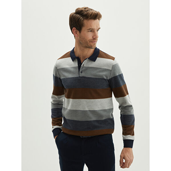 LCW CLASSIC Polo Yaka Uzun Kollu Çizgili Erkek Sweatshirt