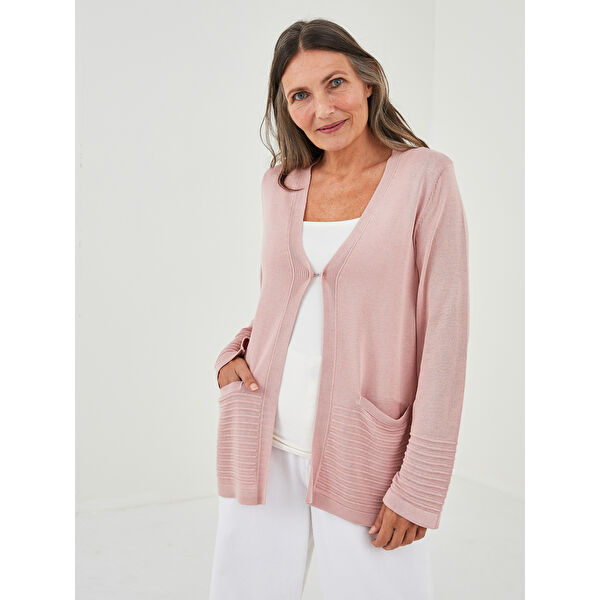 V Yaka Kendinden Desenli Cep Detaylı Uzun Kollu Kadın Triko Hırka