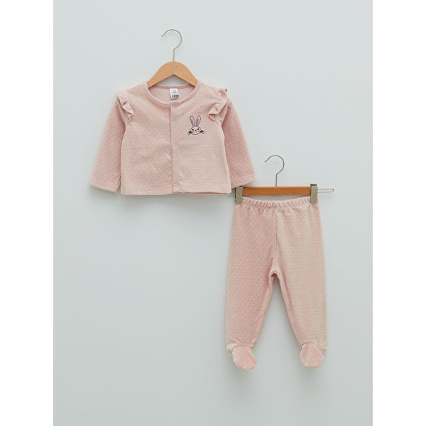 Bisiklet Yaka Nakışlı Uzun Kollu Kız Bebek Hırka ve Pantolon 2'li Takım