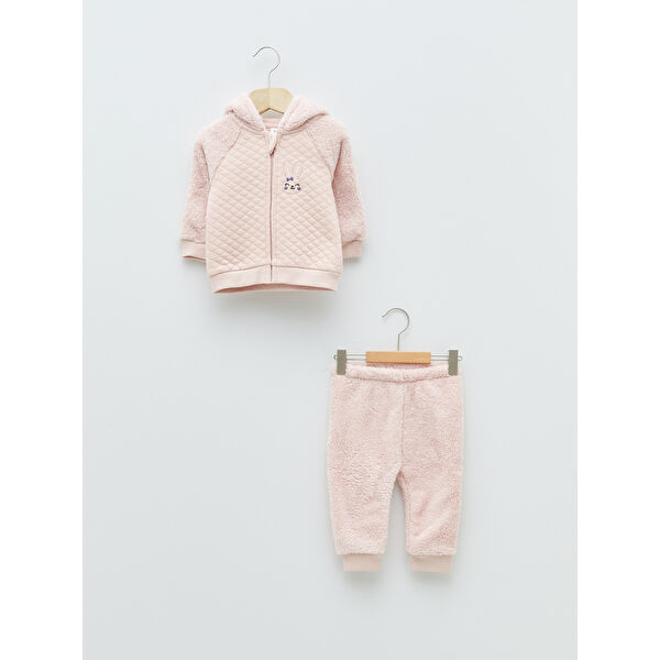 Kapüşonlu Uzun Kollu Pelüş Kız Bebek Fermuarlı Sweatshirt ve Jogger Eşofman Alt 2'li Kapüşonlu Uzun Kollu Pelüş Kız Bebek Fermuarlı Sweatshirt ve Jogger Eşofman Alt 2'li