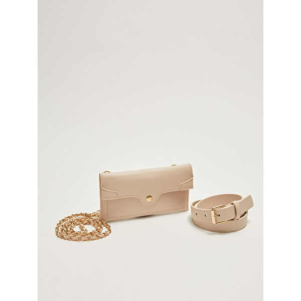 Deri Görünümlü Kadın Çantalı Kemer