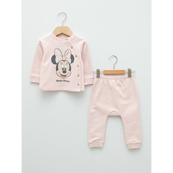 Bisiklet Yaka Uzun Kollu Minnie Mouse Baskılı Pamuklu Kız Bebek Hırka ve Pantolon 2'li Takım
