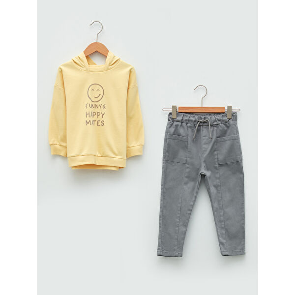 Kapüşonlu Uzun Kollu Baskılı Pamuklu Erkek Bebek Sweatshirt ve Pantolon 2'li Takım Kapüşonlu Uzun Kollu Baskılı Pamuklu Erkek Bebek Sweatshirt ve Pantolon 2'li Takım