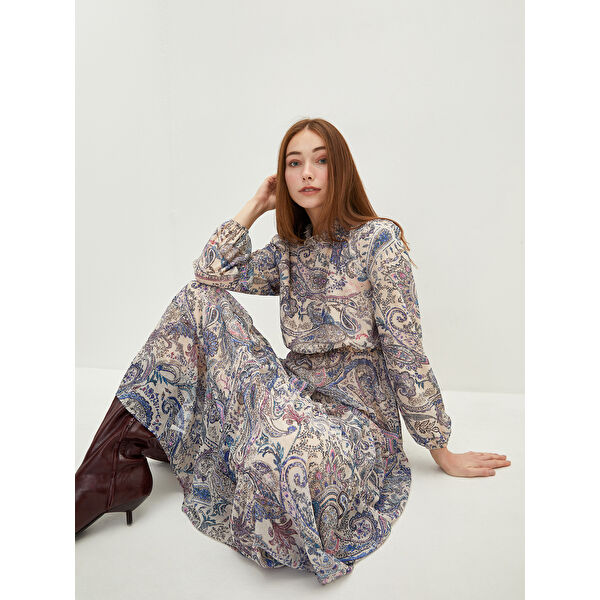 LCW CLASSIC Fırfırlı Yaka Çiçekli Uzun Kollu Şifon Kadın Elbise