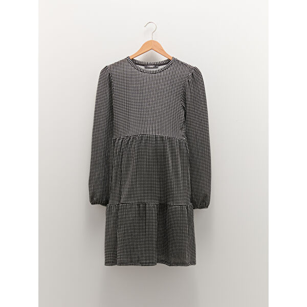 Bisiklet Yaka Kaz Ayağı Desenli Uzun Kollu Kaşkorse Kumaş Hamile Elbise