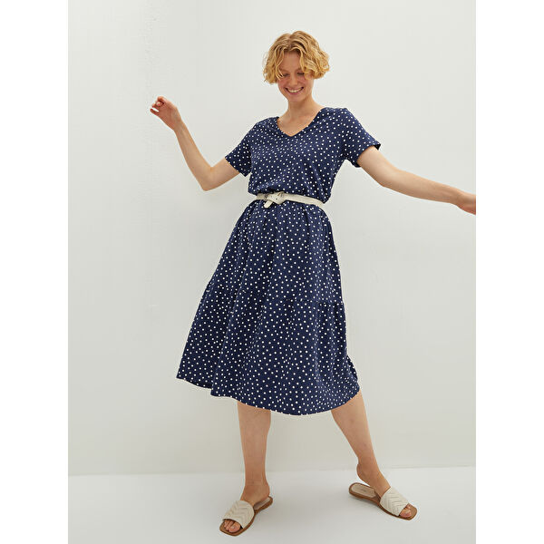 LCW CASUAL V Yaka Puantiyeli Kısa Kollu Kadın Elbise