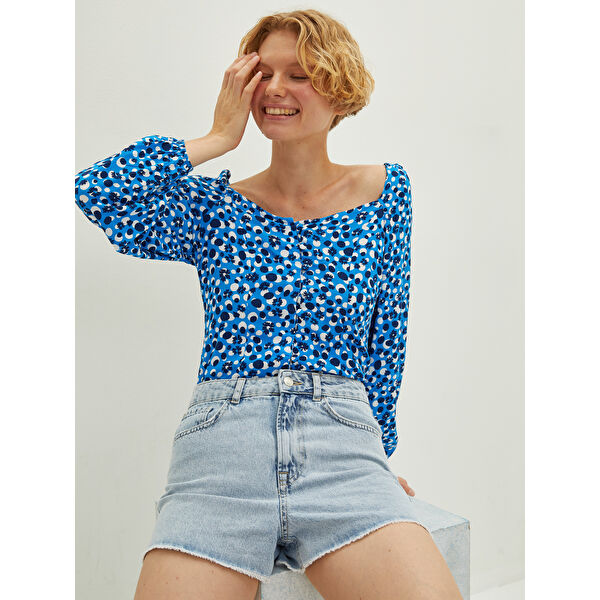 LCW CASUAL Kare Yaka Desenli Uzun Kollu Maroken Kumaş Kadın Bluz