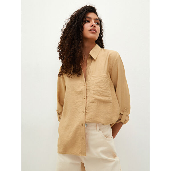 LCW CASUAL Önden Düğme Kapamalı Düz Uzun Kollu Dobby Kumaş Kadın Gömlek