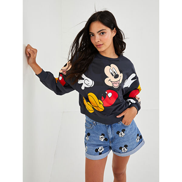 XSIDE Bisiklet Yaka Mickey Mouse Baskılı Uzun Kollu Crop Kadın Sweatshirt