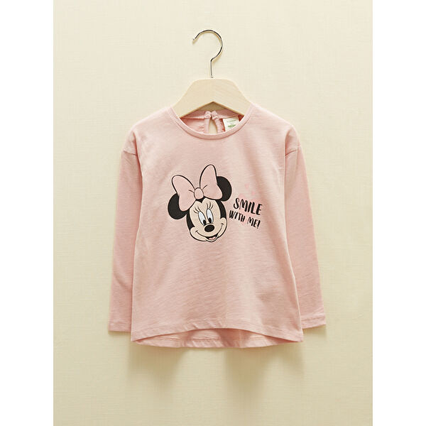 LCW GREEN Bisiklet Yaka Uzun Kollu Minnie Mouse Baskılı Organik Pamuklu Kız Bebek Tişört