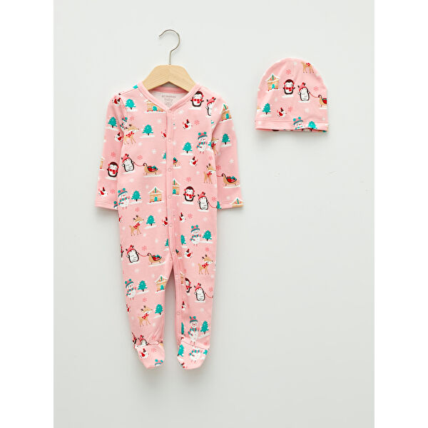 V Yaka Uzun Kollu Yılbaşı Temalı Kız Bebek Tulum ve Bere 2'li Takım